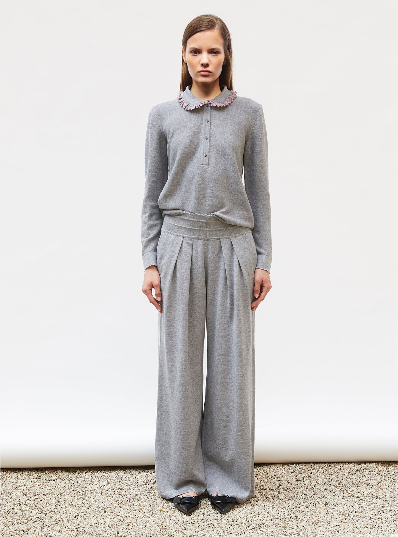 chemise en maille col volanté gris moyen-rose fluo | Molli