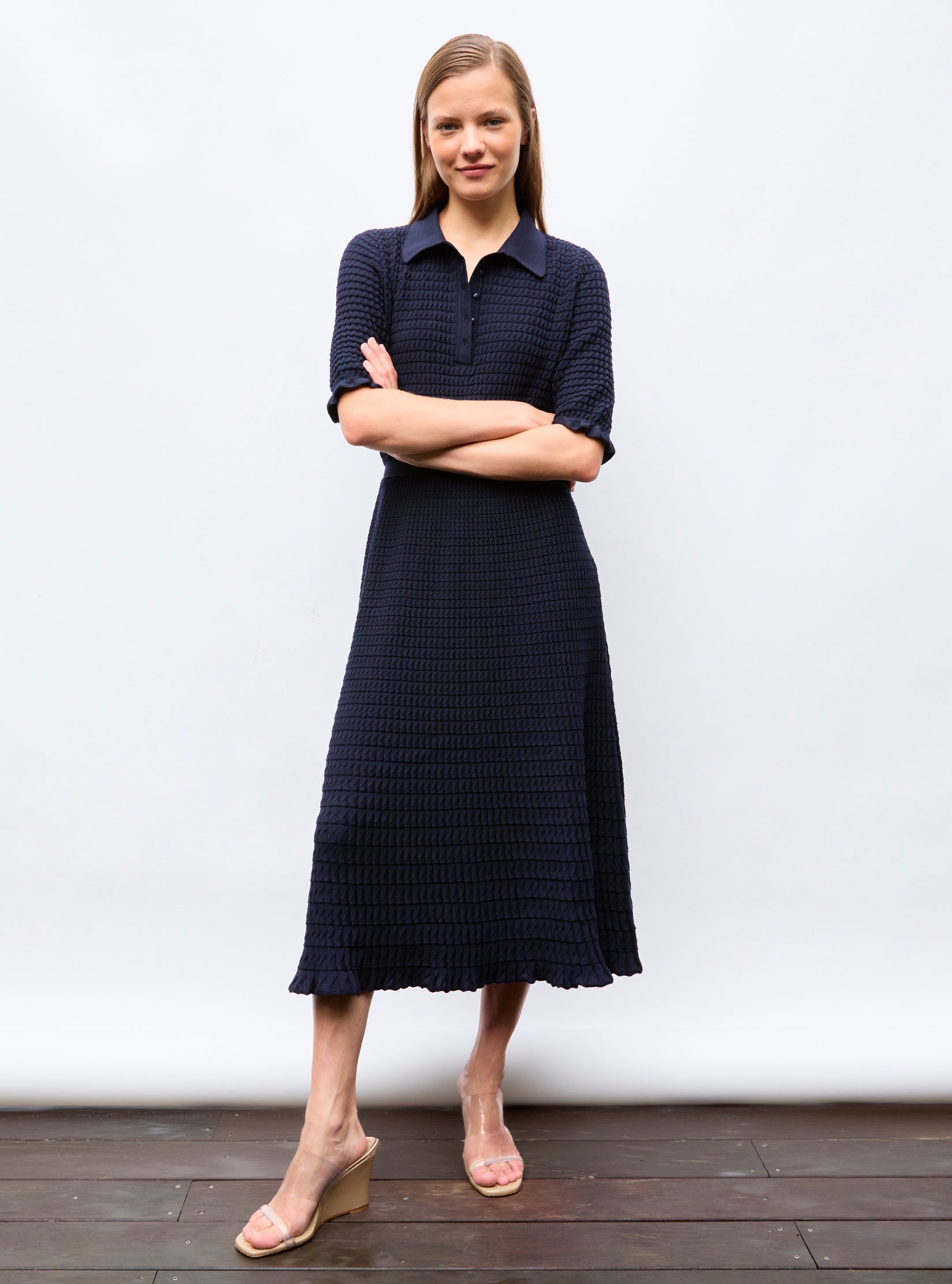 molli long dress in origami knit midnight | Molli