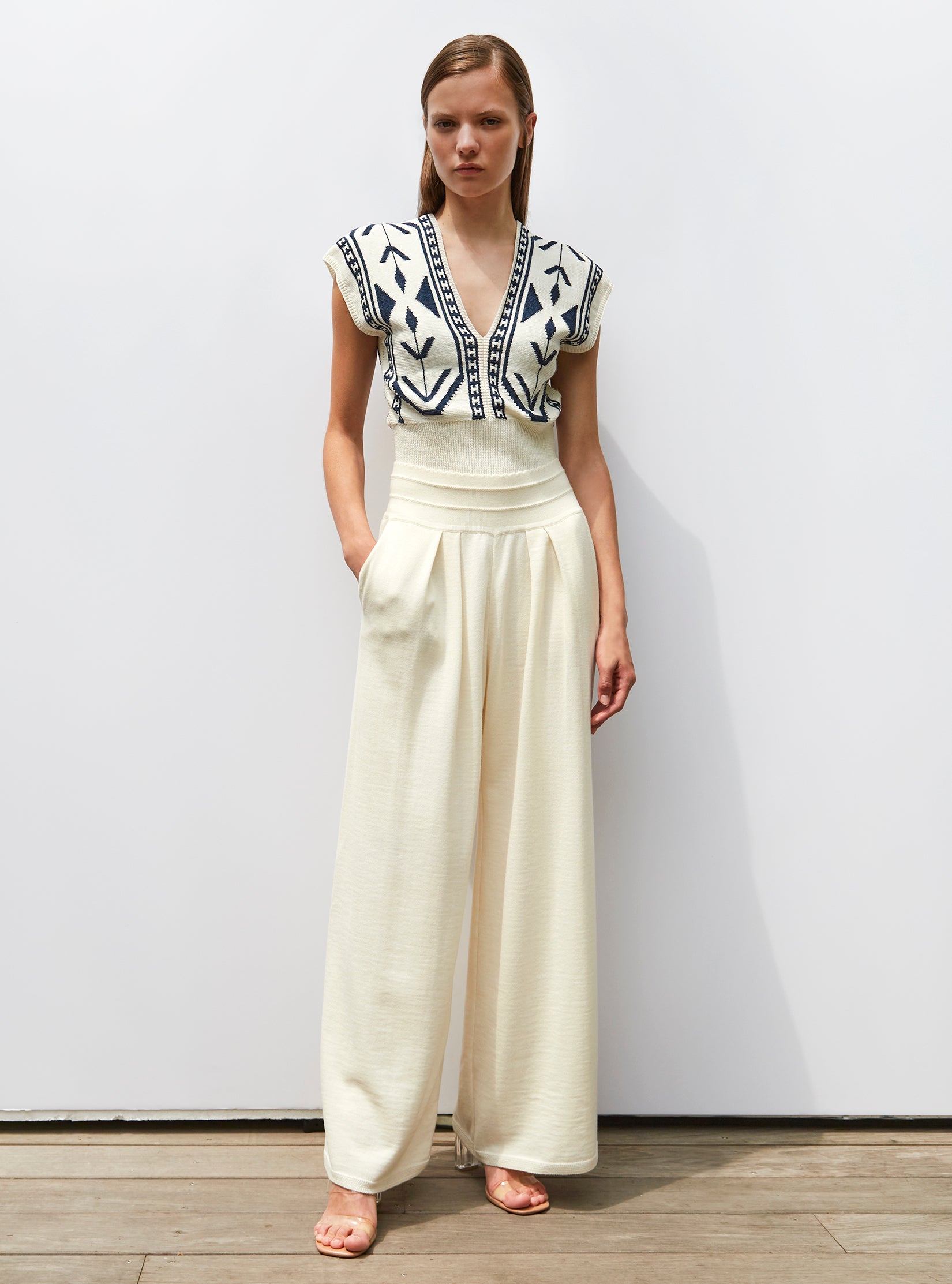 top v en maille jacquard ikat molli naturel-bleu-profond | Molli